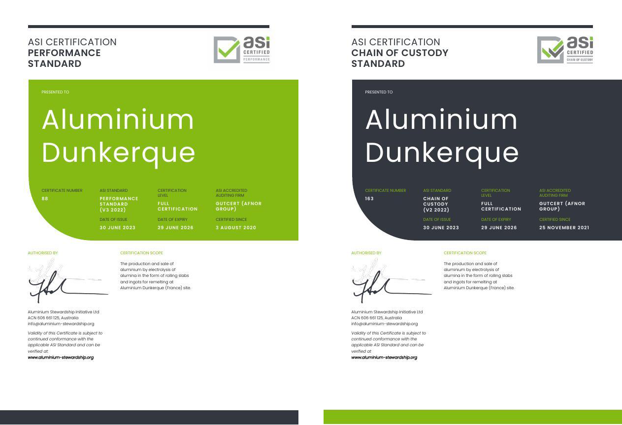 ASI recertifies Aluminium Dunkerque SAS against ASI Performance Standard V3 and Chain of Custody ...