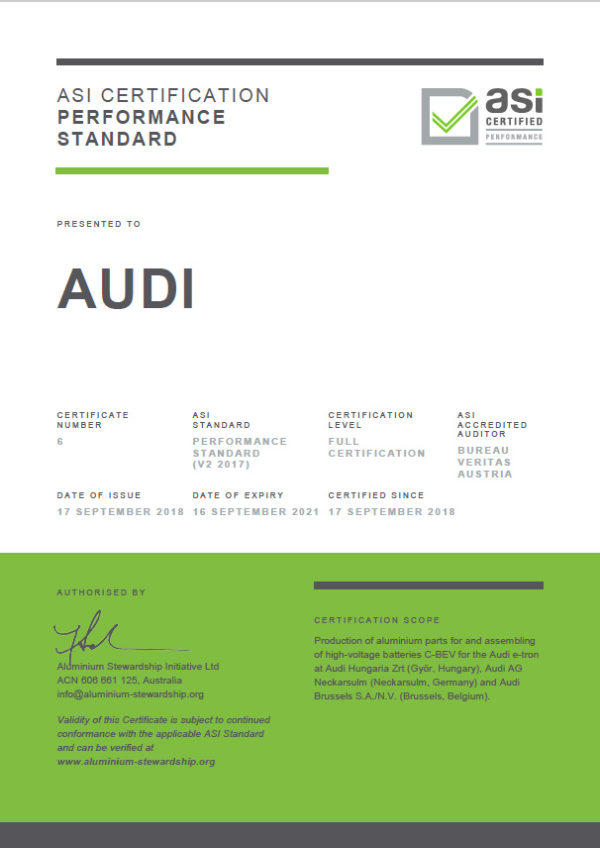 ASI certifies Audi: first downstream user of aluminium against ASI ...
