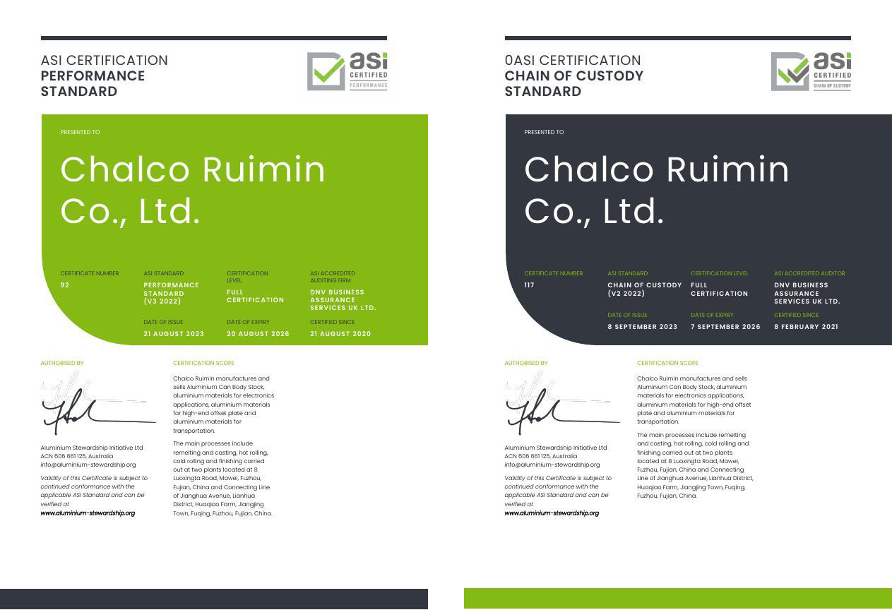 ASI recertifies Chalco Ruimin Co., Ltd. against ASI Performance ...