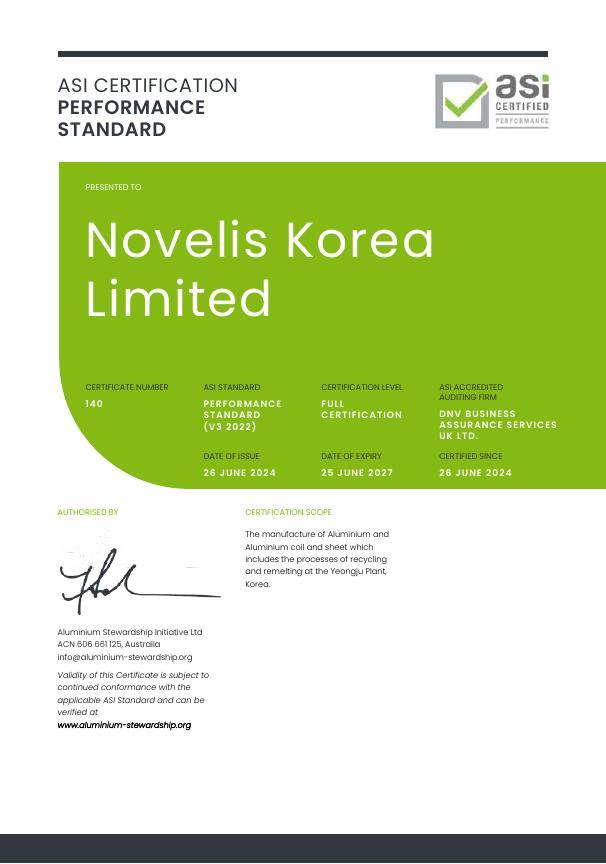 ASI recertifies Novelis Korea Limited against ASI Performance Standard ...
