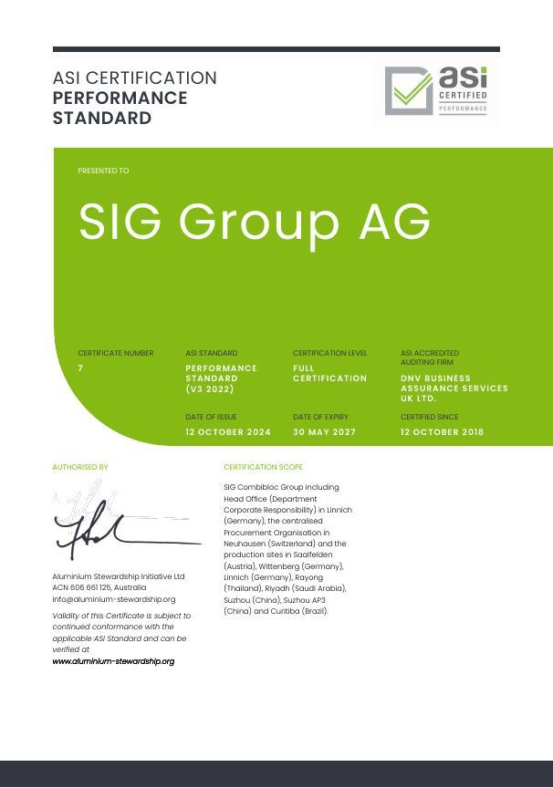 ASI recertifies SIG Combibloc against ASI Performance Standard V3 ...
