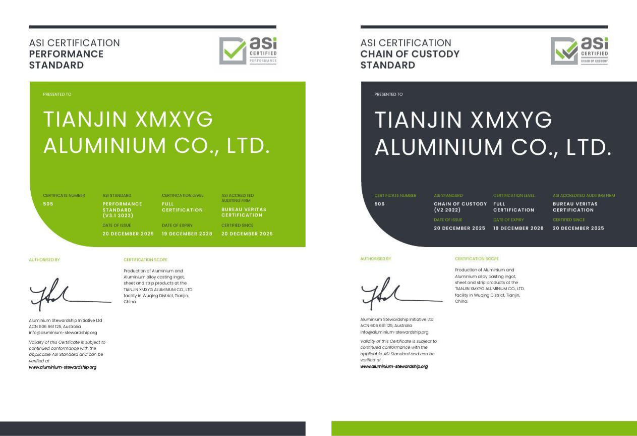 ASI certifies TIANJIN XMXYG ALUMINIUM CO., LTD. against Performance ...